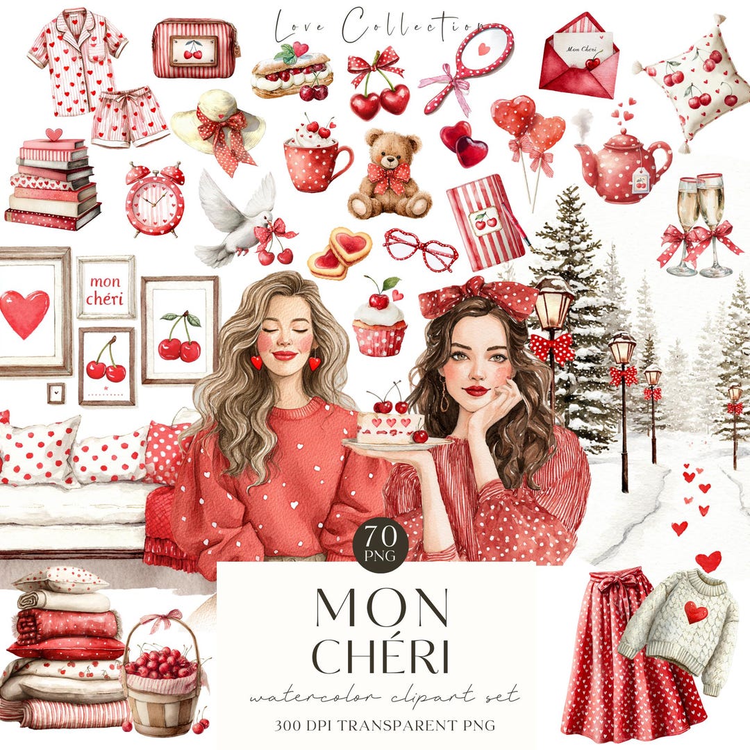 Watercolor Mon Chéri Valentine's Day Clipart, Cute Valentine Graphics ...
