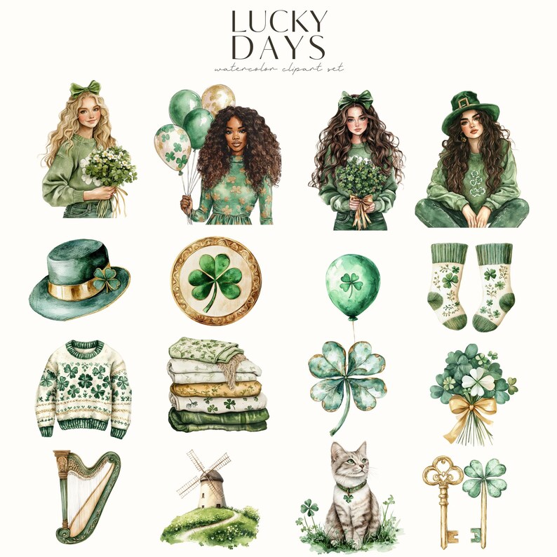 St Patricks Day Clipart, Watercolor Lucky Clover, Shamrock PNG ...