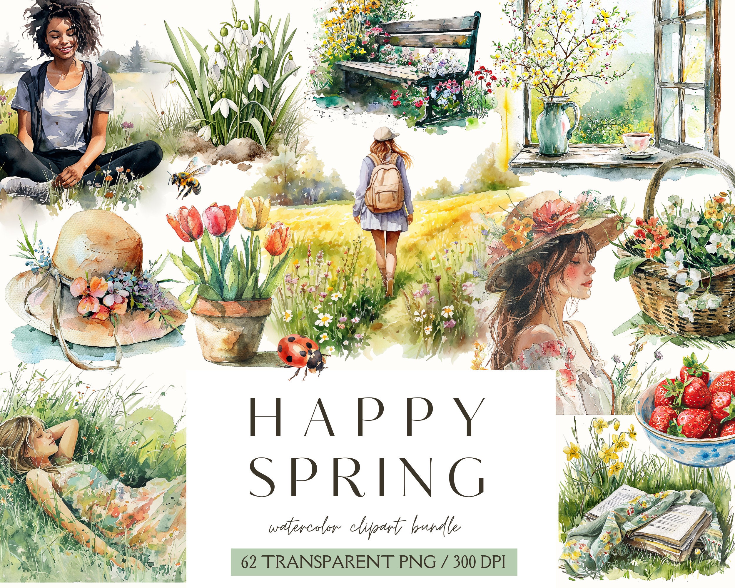 Watercolor Spring Clipart Happy Spring-floral Clipart-junk Journal ...