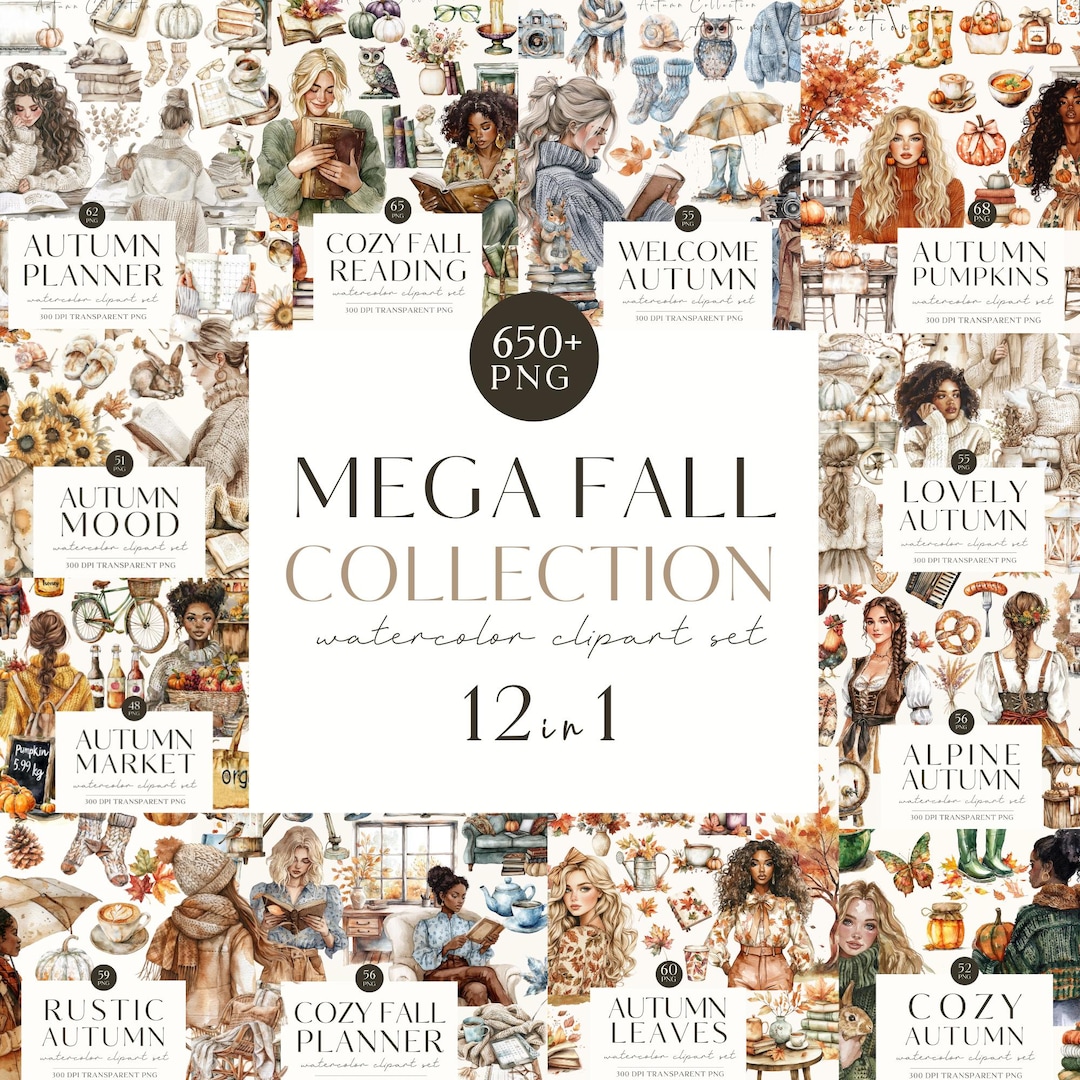 Cozy Autumn Clipart, Large Bundle, XX Bundle, Watercolor Neutral Fall ...