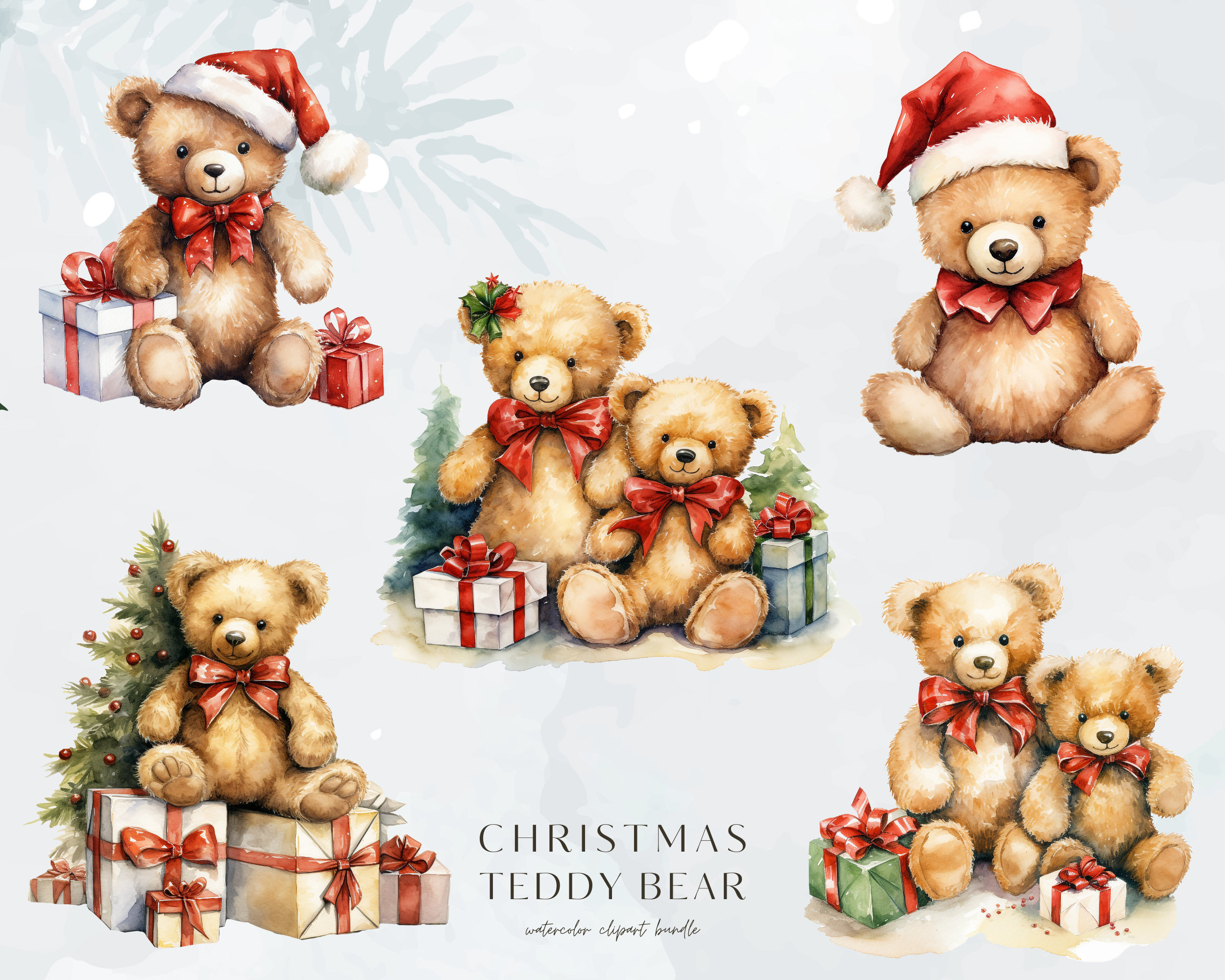 Christmas Teddy Bear, Watercolor Christmas Bear, Winter Clipart, Cute ...