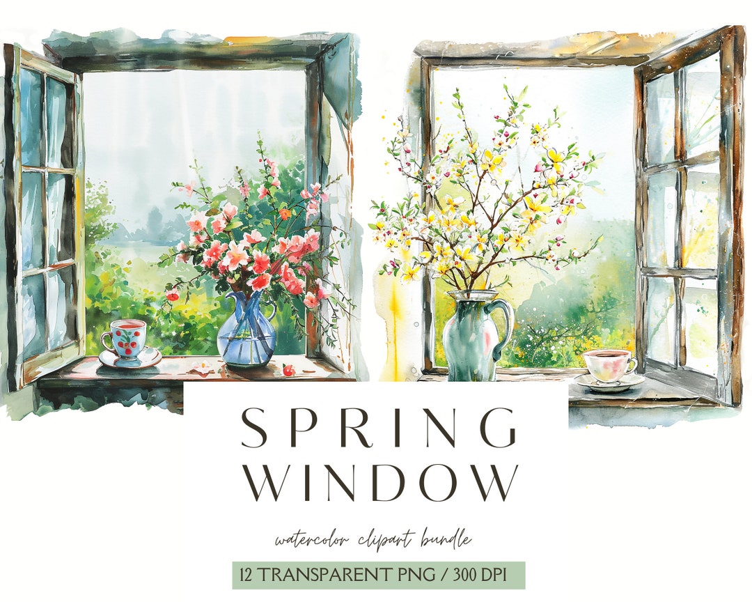 Spring Window View Clipart Bundle, Watercolor Spring, PNG Design Spring ...