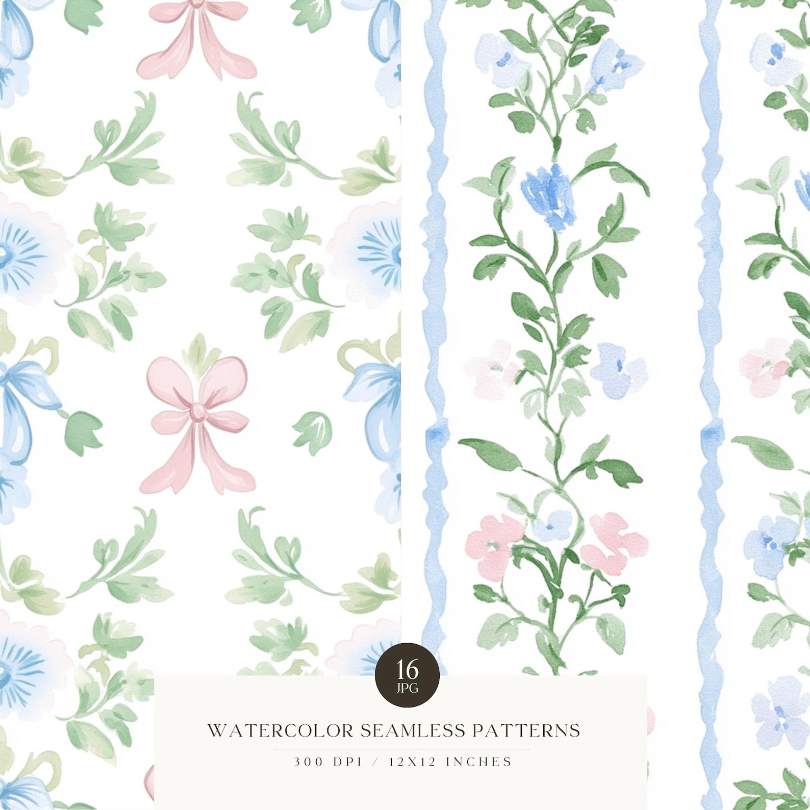 Watercolor Grandmillennial Seamless Patterns, Floral Preppy Background ...