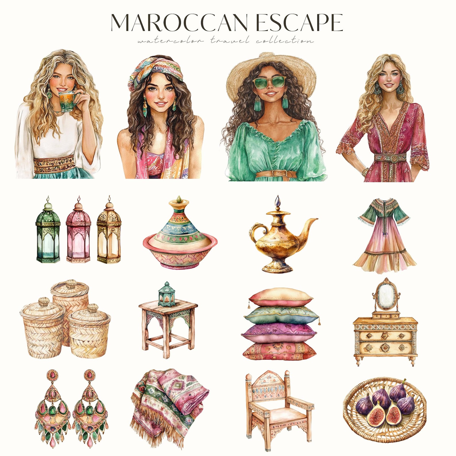 Watercolor Moroccan Clipart, Middle East Clip Art, Summer Clipart ...