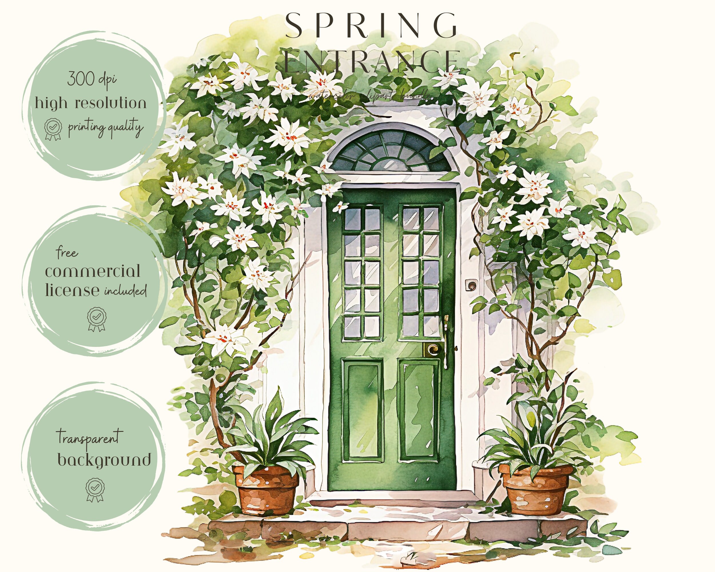 Watercolor Door Clipart-spring Entrance-floral Doors-watercolor Spring ...