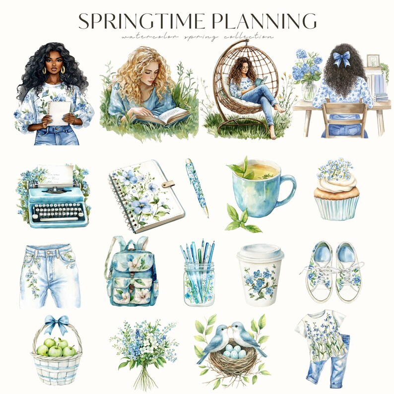 Springtime Clipart, Reading Clipart, Watercolor Spring Stickers, Spring ...