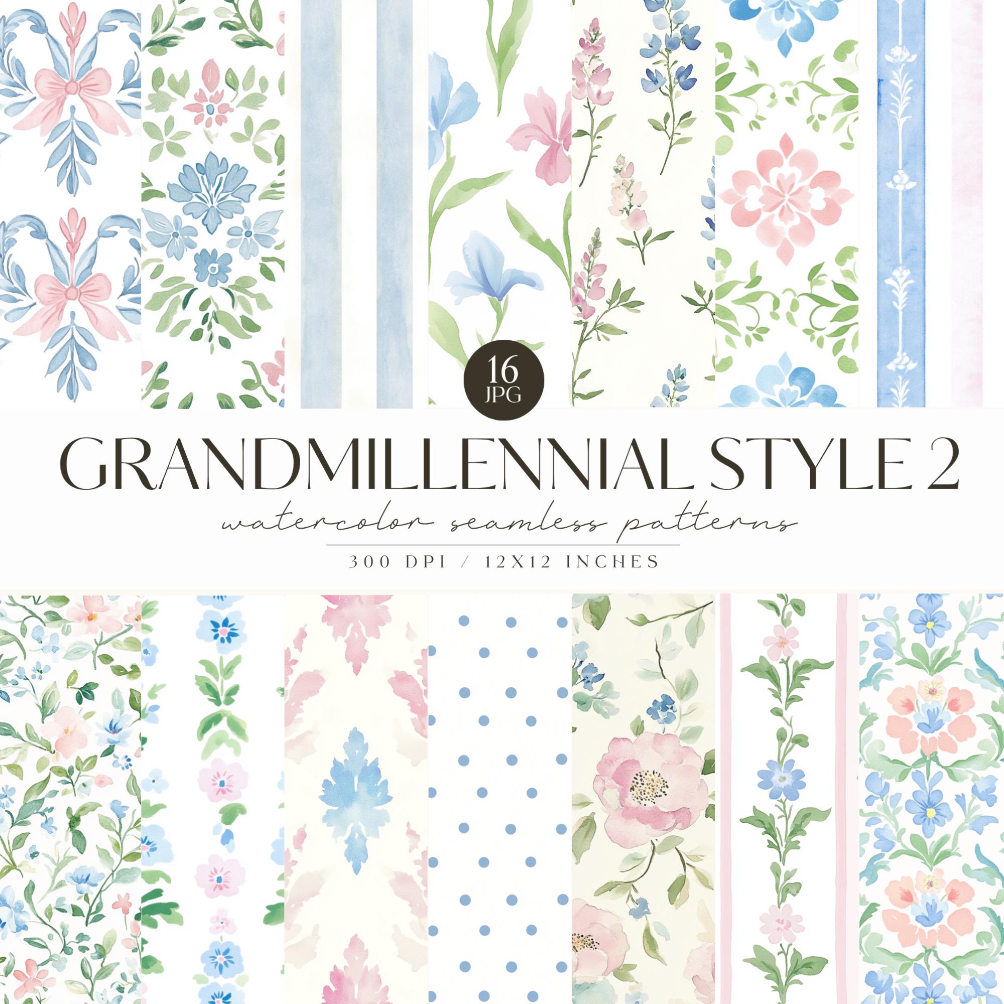 Watercolor Grandmillennial Seamless Patterns, Pastel Floral Background ...