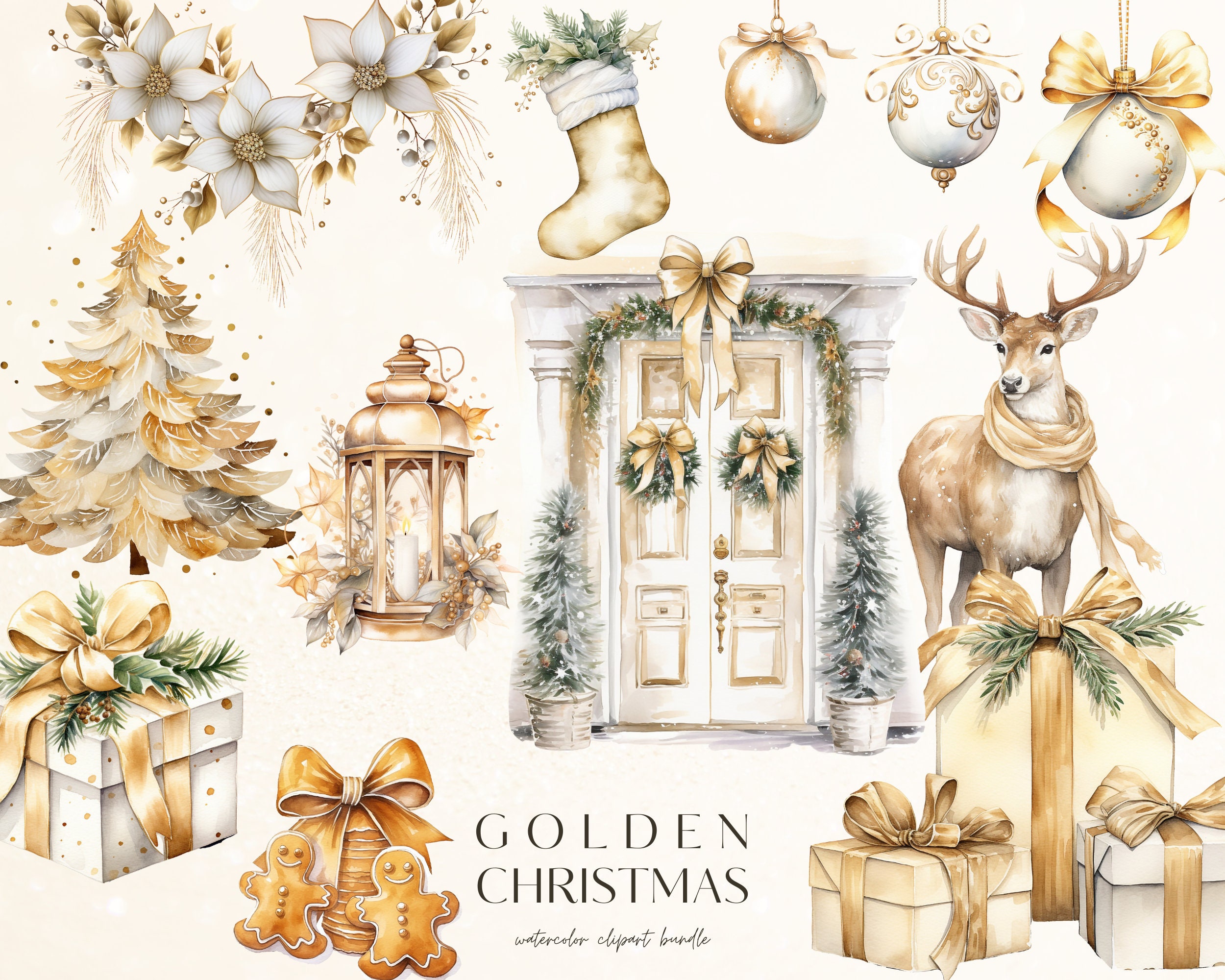 Gold Christmas Clipart, Watercolor Christmas Clipart, Gold Tis the ...