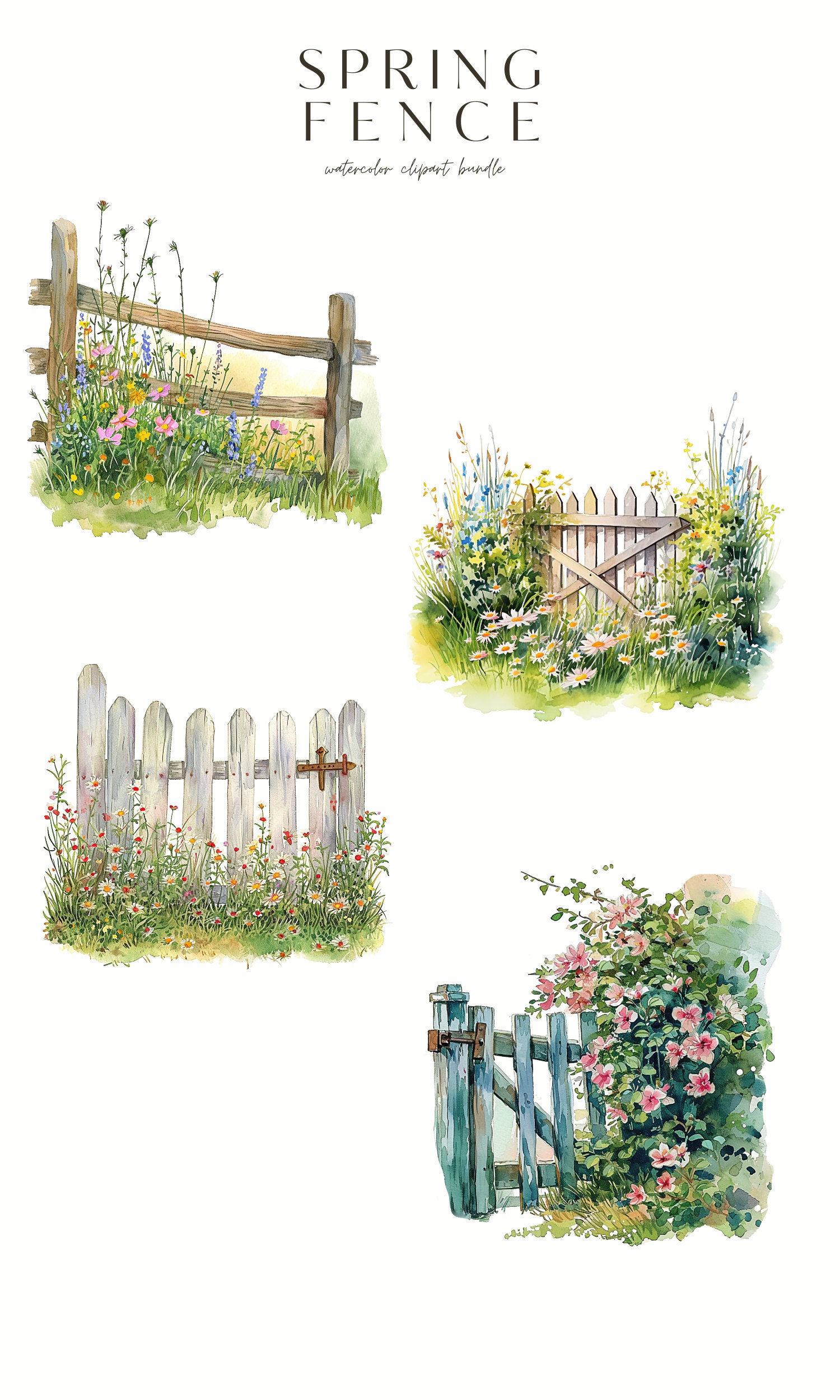 Spring Fence Clipart Bundle, Watercolor Spring, PNG Design Spring ...