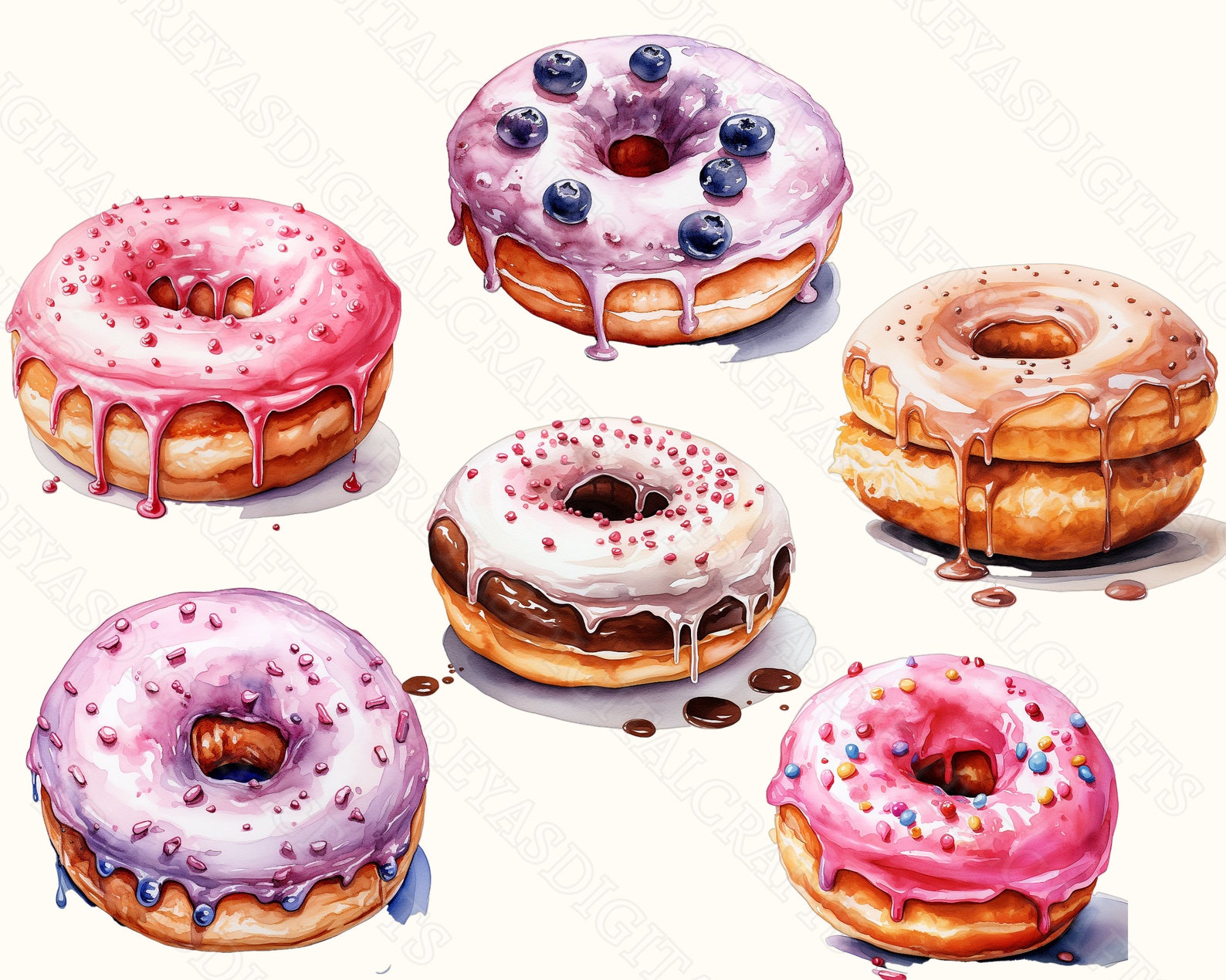 48 Watercolor Donuts Art, Donuts Clipart, Dessert Clipart Bundle, Sweet ...