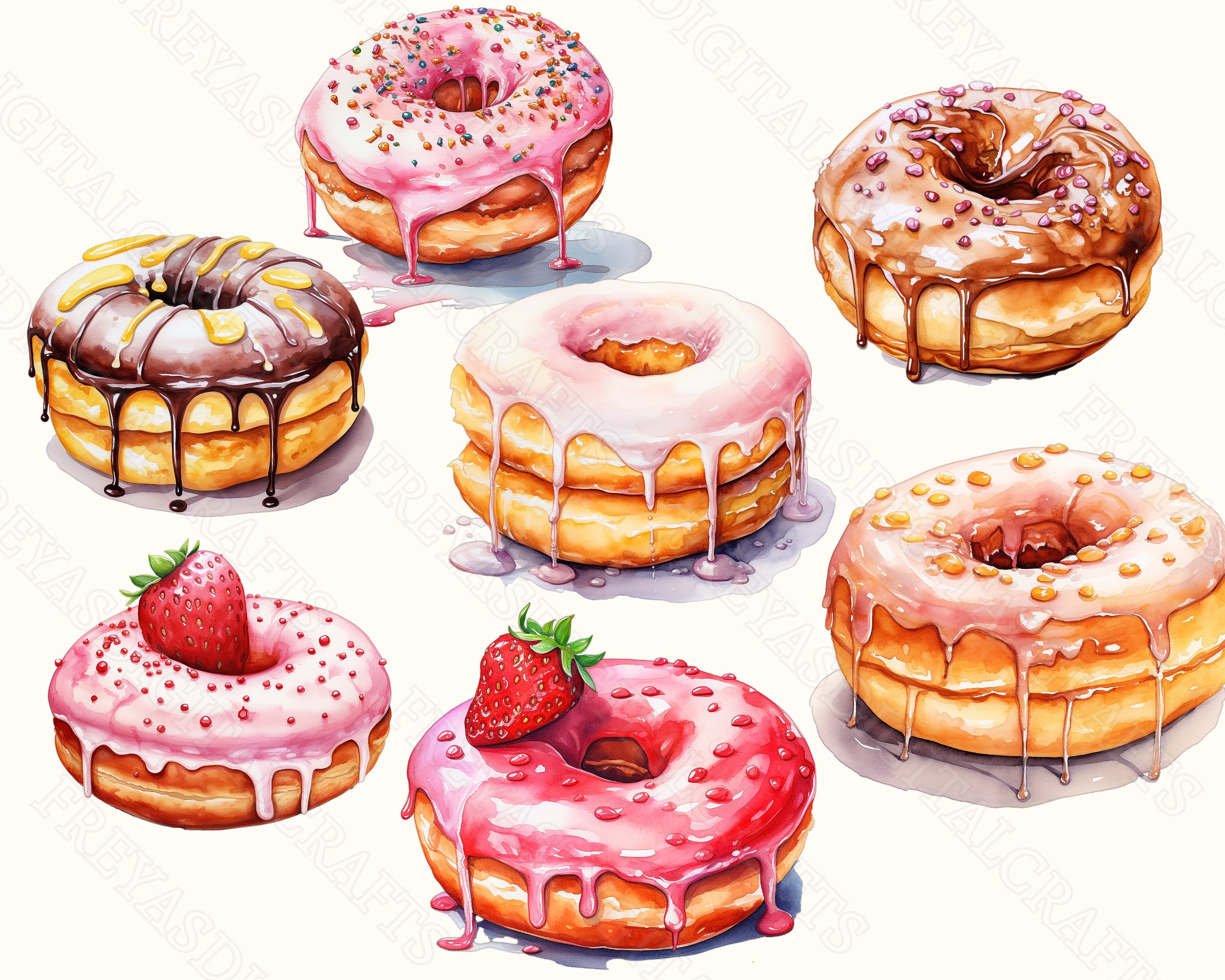 48 Watercolor Donuts Art, Donuts Clipart, Dessert Clipart Bundle, Sweet ...