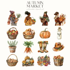 Cozy Autumn, Watercolor Autumn Market Clipart, Cozy Fall PNG Graphics ...