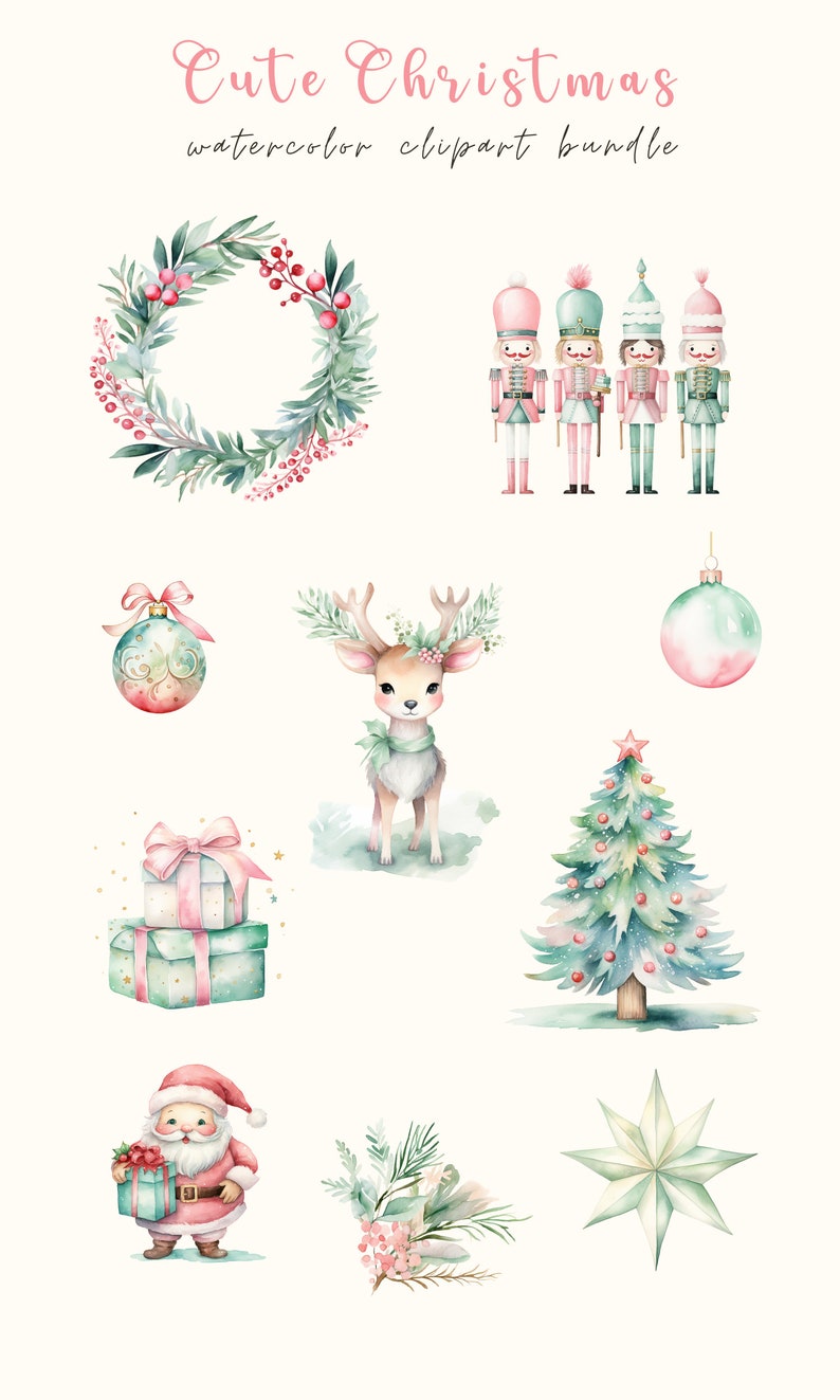 Cute Christmas Clipart, Watercolor Christmas PNG, Pink Christmas Bundle ...