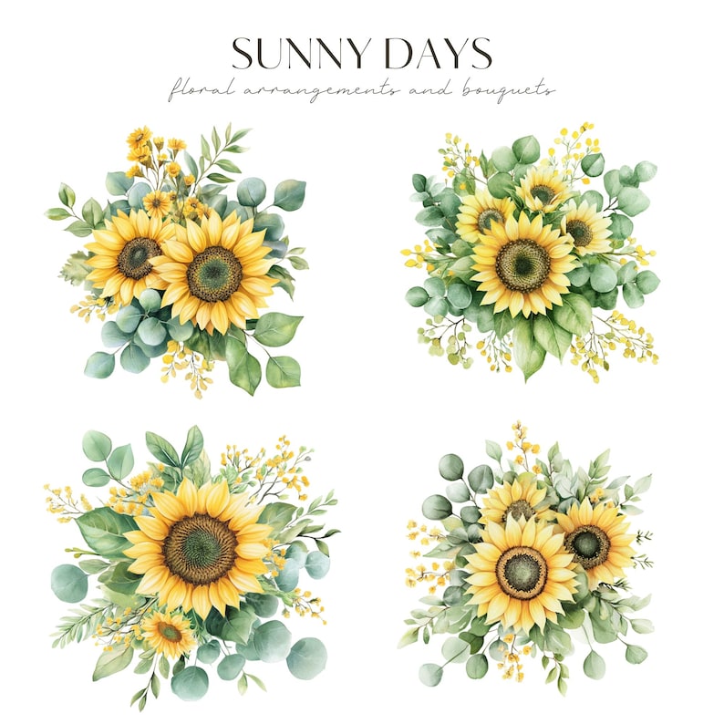 Watercolor Sunflower Clipart, Sunflower Theme, Summer Bouquet, Floral ...