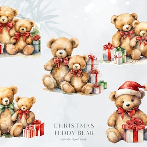Christmas Teddy Bear, Watercolor Christmas Bear, Winter Clipart, Cute ...