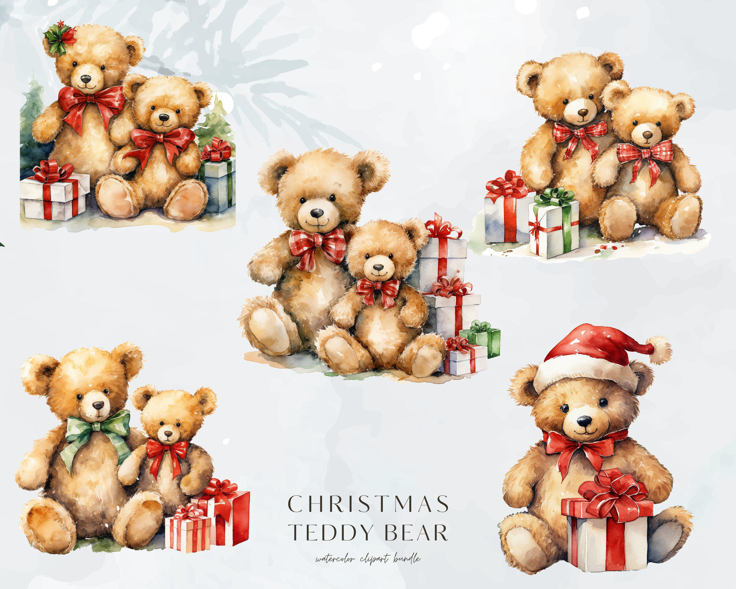 Christmas Teddy Bear, Watercolor Christmas Bear, Winter Clipart, Cute ...