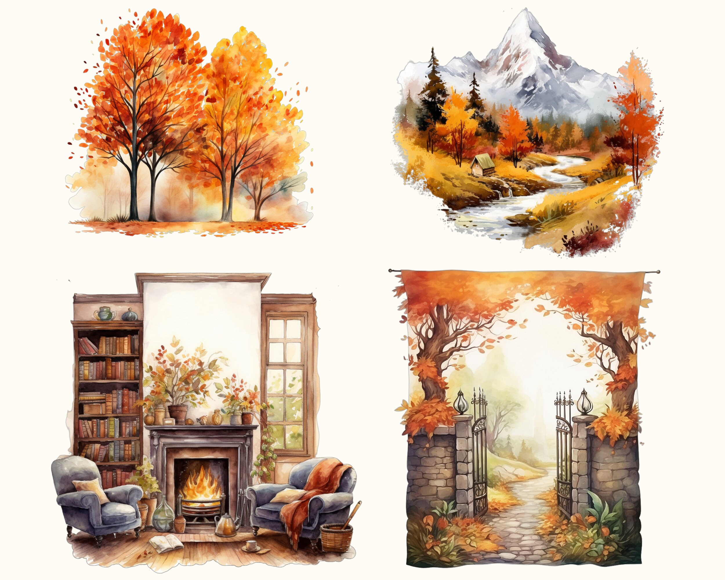Autumn Scenes-watercolor Fall Clipart Set-fall Clipart-fall ...
