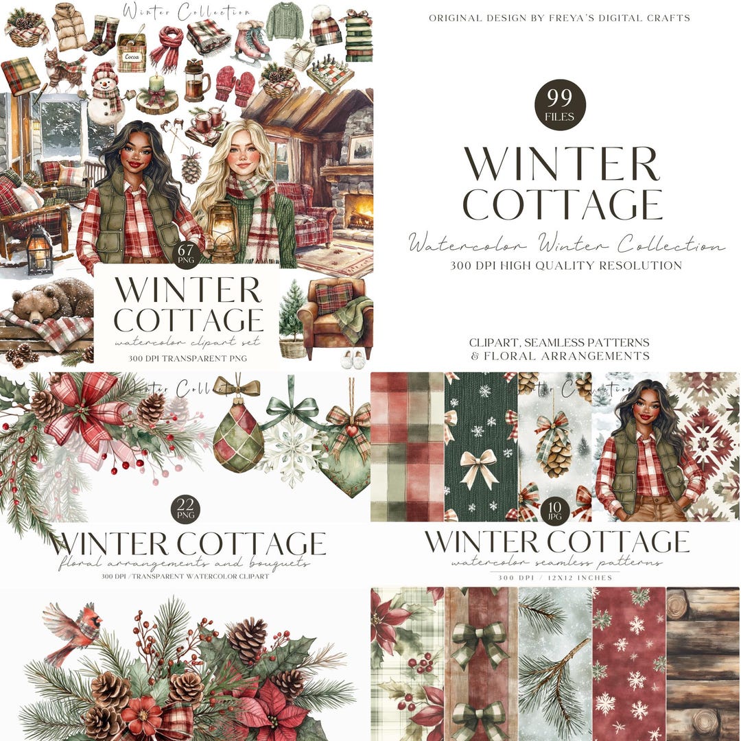 Watercolor Cozy Winter Clipart Bundle, Cottagecore Winter PNG ...