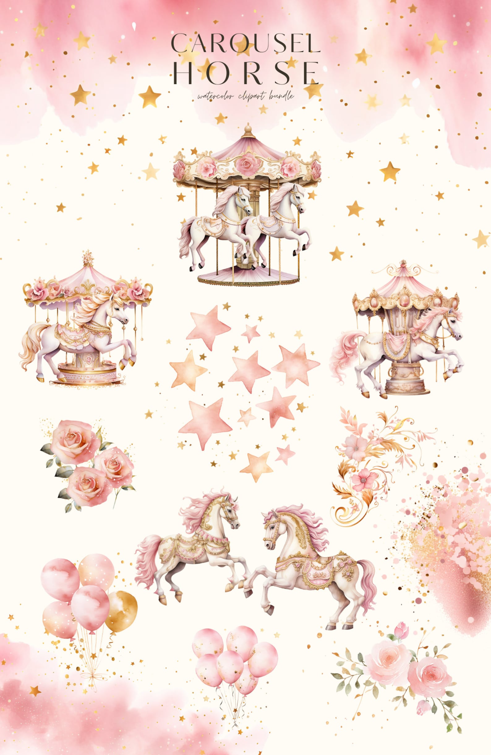 Carousel Horse Clipart, Watercolor Carousel Pony Nursery Clipart ...