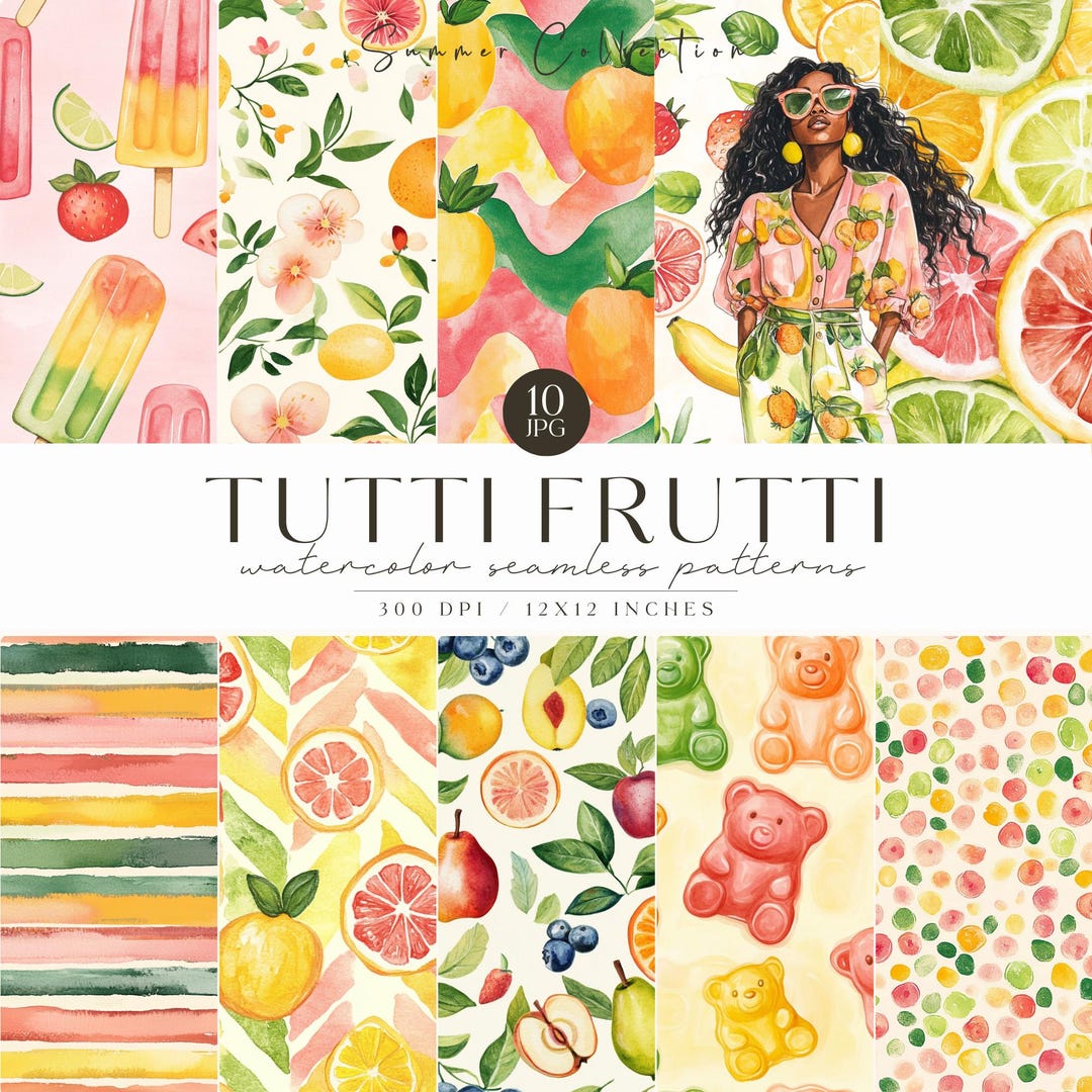Mixed Fruits Summer Seamless Pattern, Watercolor Fruit Medley, Colorful ...