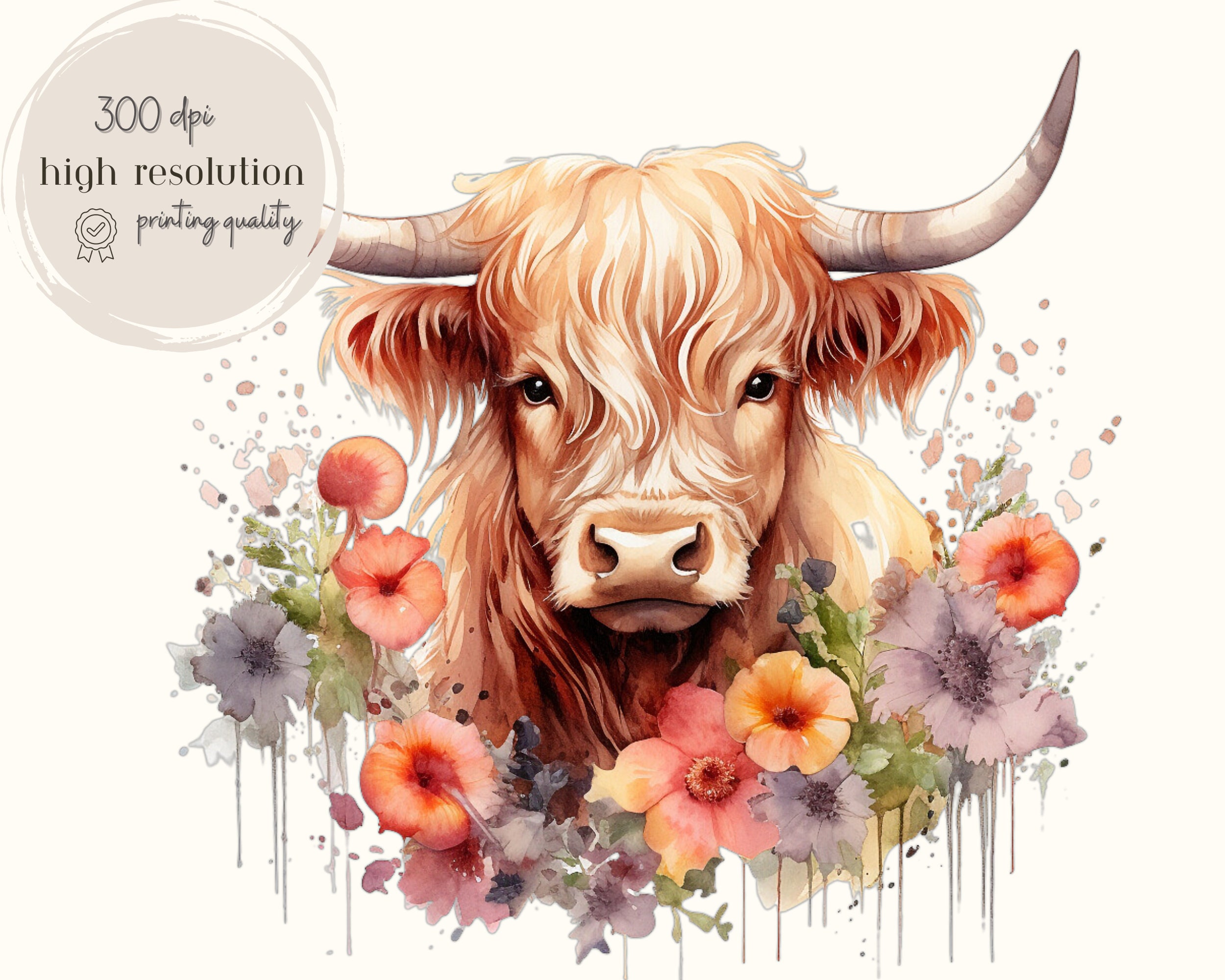20 Highland Cow Flowers PNG Watercolor Highland Clipart - Etsy