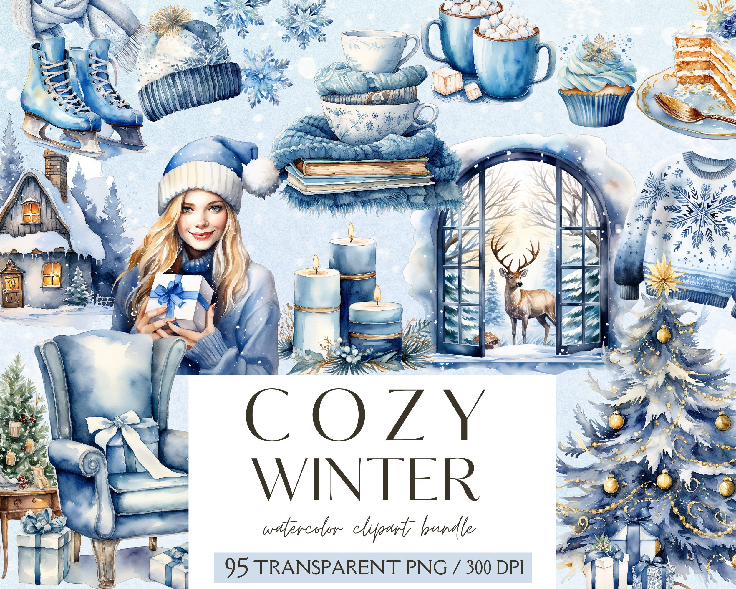 Cozy Winter Clipart Mega Bundle Watercolor Cozy Winter Blue - Etsy UK