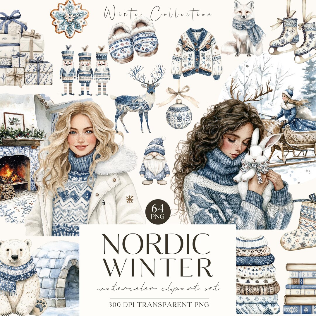 Cozy Winter Clipart, Bluey PNG Bundle, Watercolor Nordic Winter ...