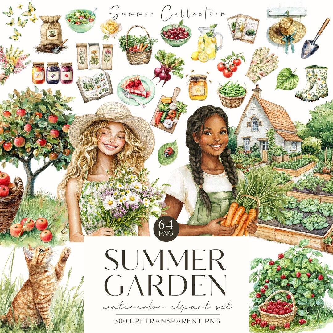 Watercolor Summer Garden Clipart, Cottagecore Veggie Garden, Summer PNG ...