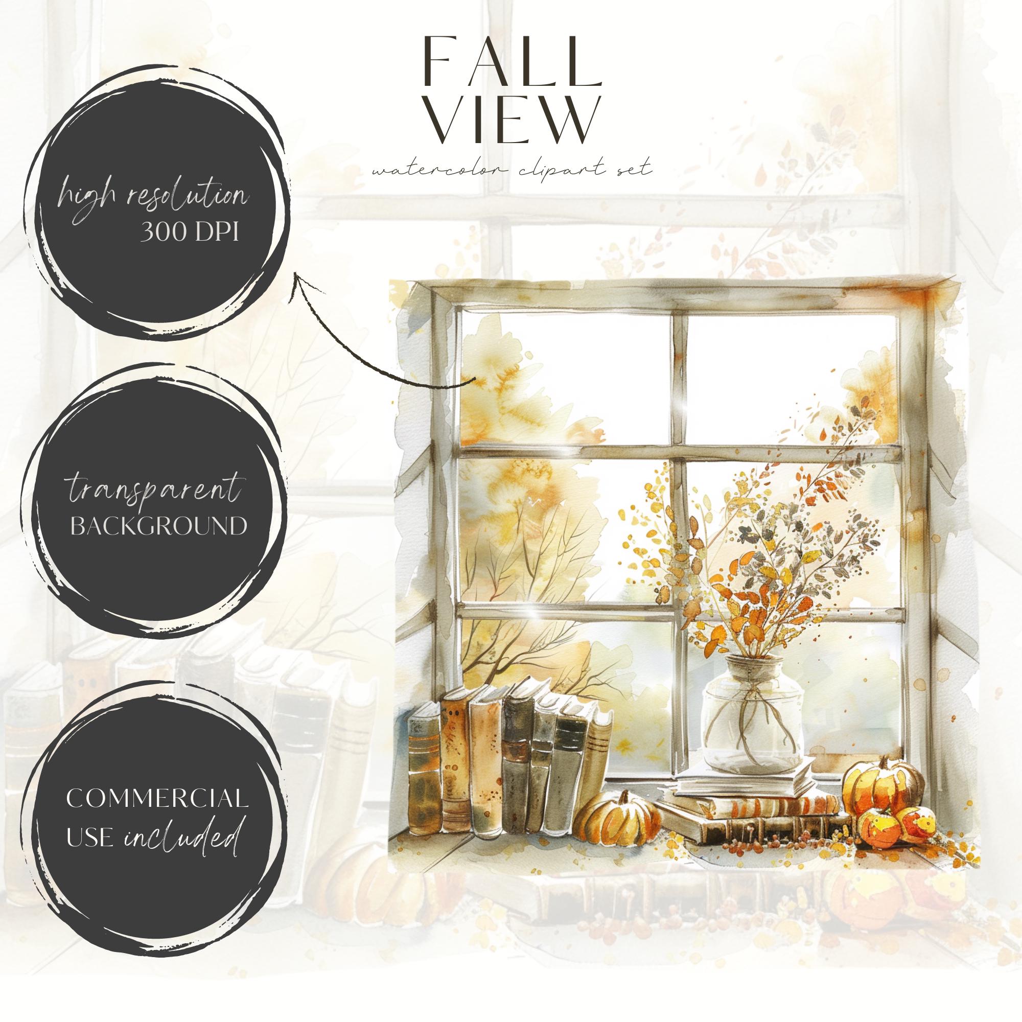 Fall Window View, Watercolor Neutral Autumn Clipart, Fall PNG Graphics ...