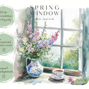 Spring Window View Clipart Bundle, Watercolor Spring, PNG Design Spring ...