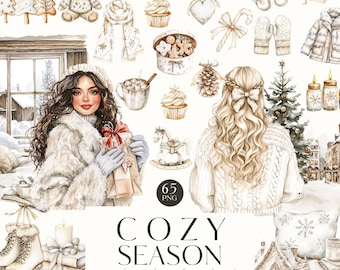 Cozy Winter Clipart, Watercolor Neutral Winter Bundle, Winter Cabin ...