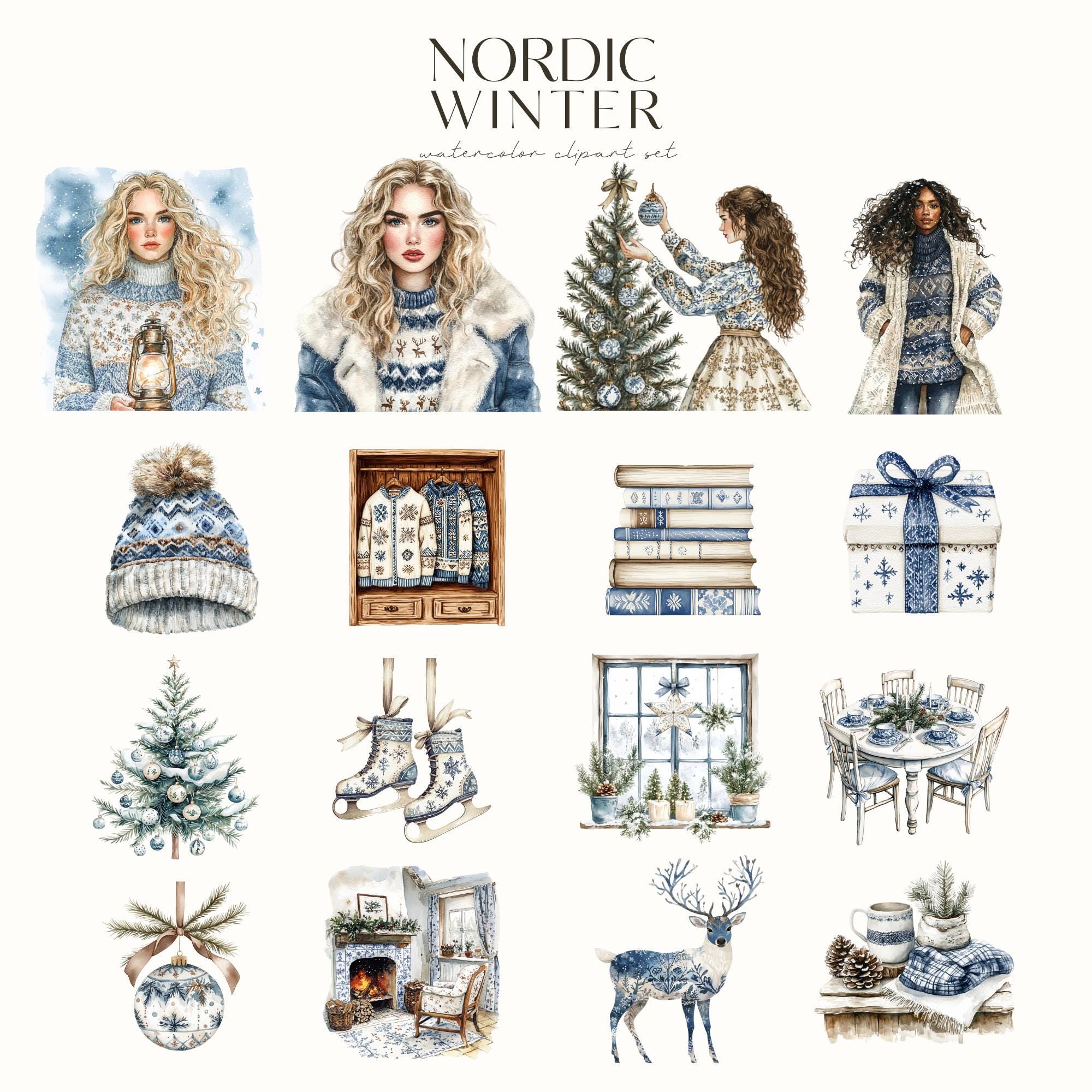 Cozy Winter Clipart, Bluey PNG Bundle, Watercolor Nordic Winter ...