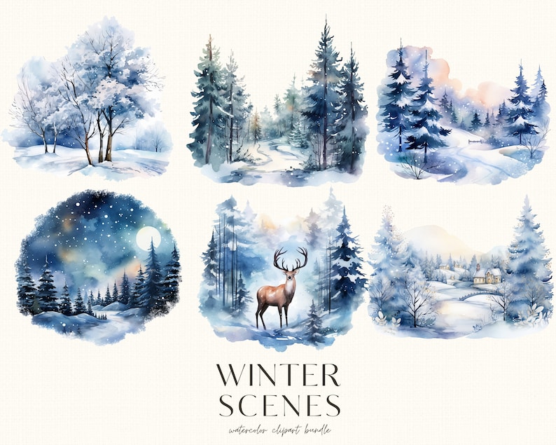 Winter Scenes Clipart-watercolor Winter Woodland Clipart-winter Forest ...