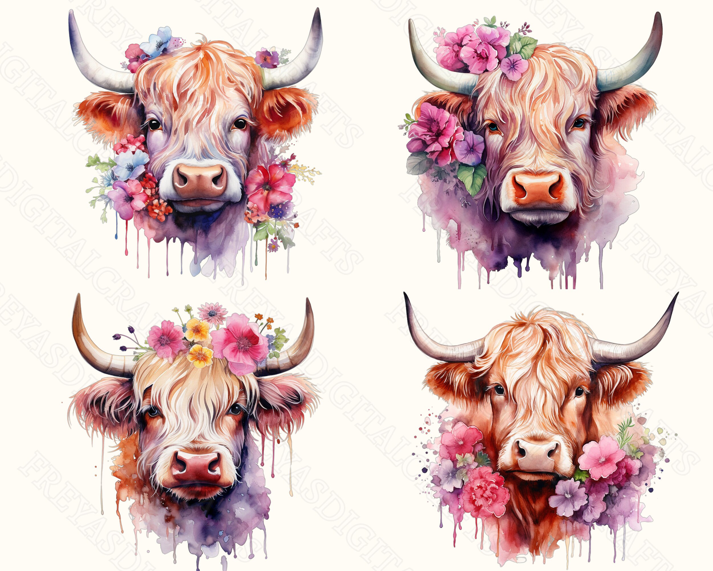 20 Highland Cow Flowers PNG Watercolor Highland Clipart - Etsy