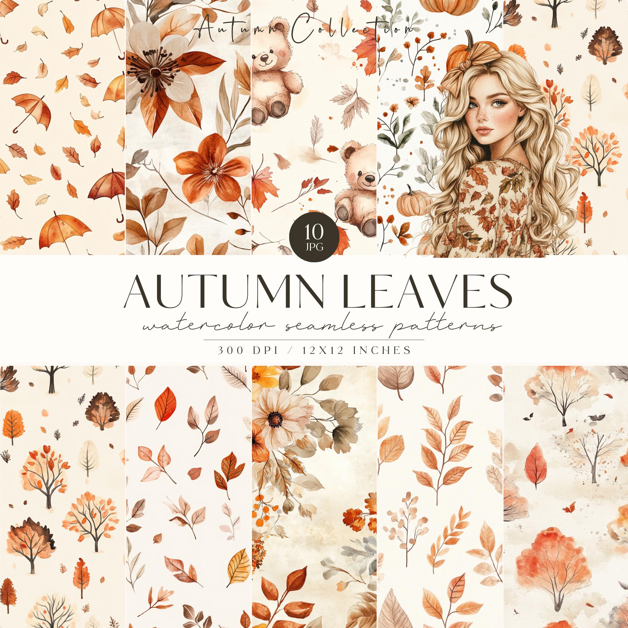 Cozy Autumn Seamless Patterns, Watercolor Fall Foliage, Fall Leaves ...