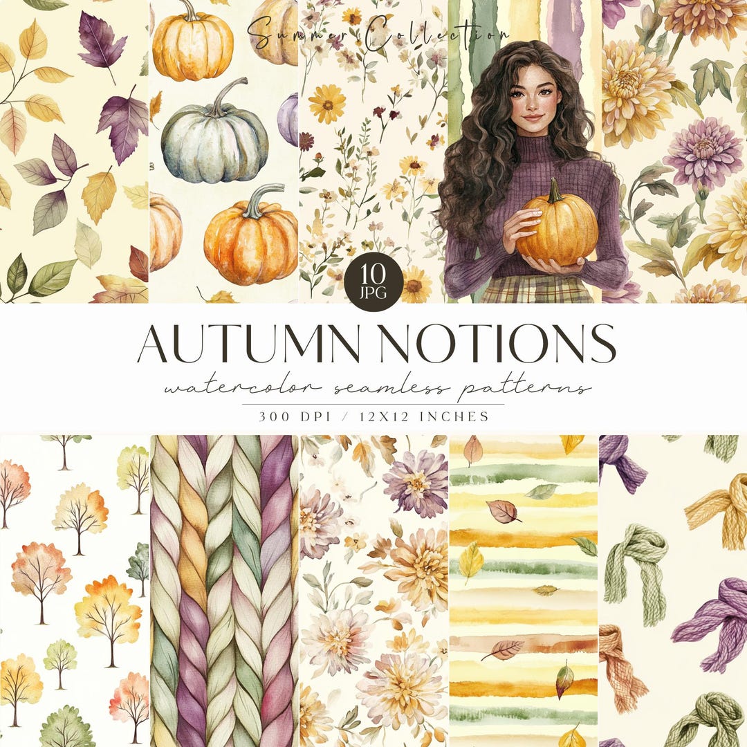 Watercolor Fall Seamless Pattern, Autumn Leaves, Autumnal Floral JPG ...
