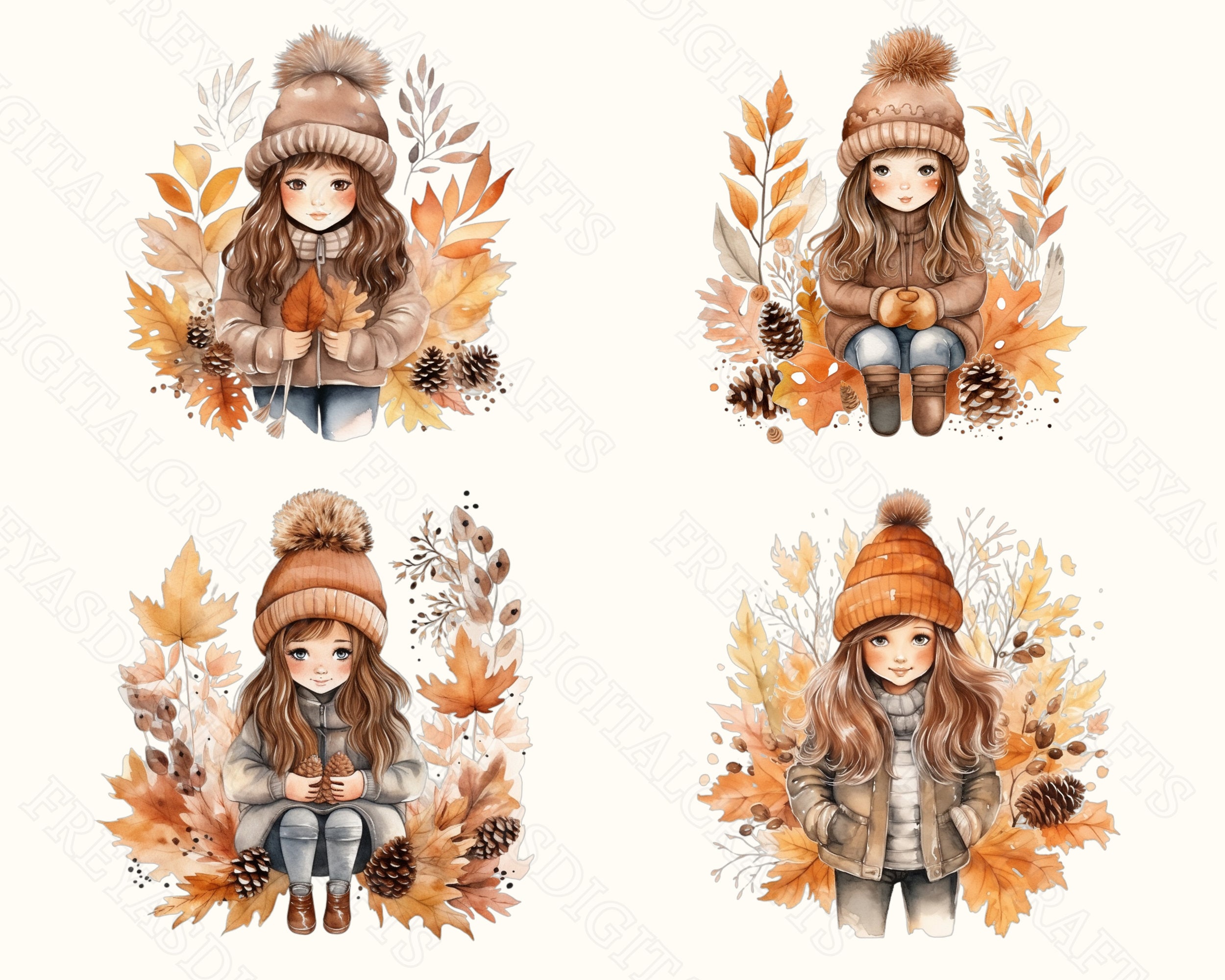 Autumn Girls Clipart Set-cozy Autumn Kids-watercolor Autumn - Etsy