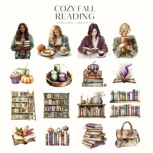 Cozy Fall Reading Clipart, Watercolor Autumn Book Lover, Fall PNG ...