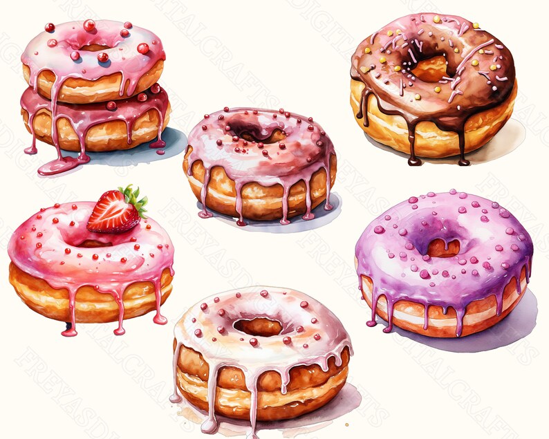 48 Watercolor Donuts Art, Donuts Clipart, Dessert Clipart Bundle, Sweet ...