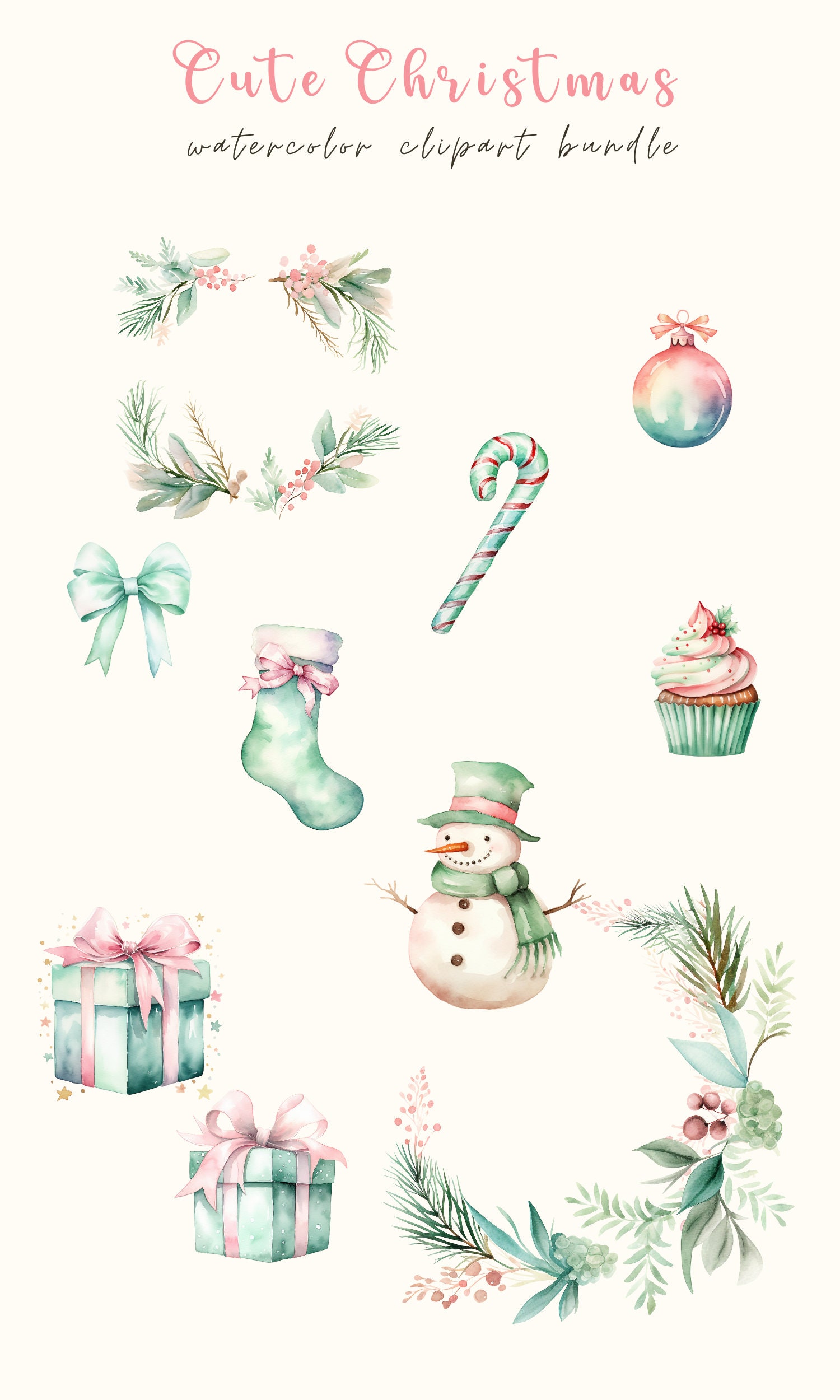 Cute Christmas Clipart, Watercolor Christmas PNG, Pink Christmas Bundle ...