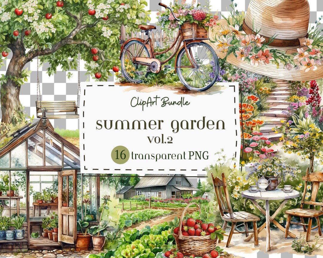 Summer Garden Clipart-watercolor Garden-summer-spring-seasonal Clipart ...