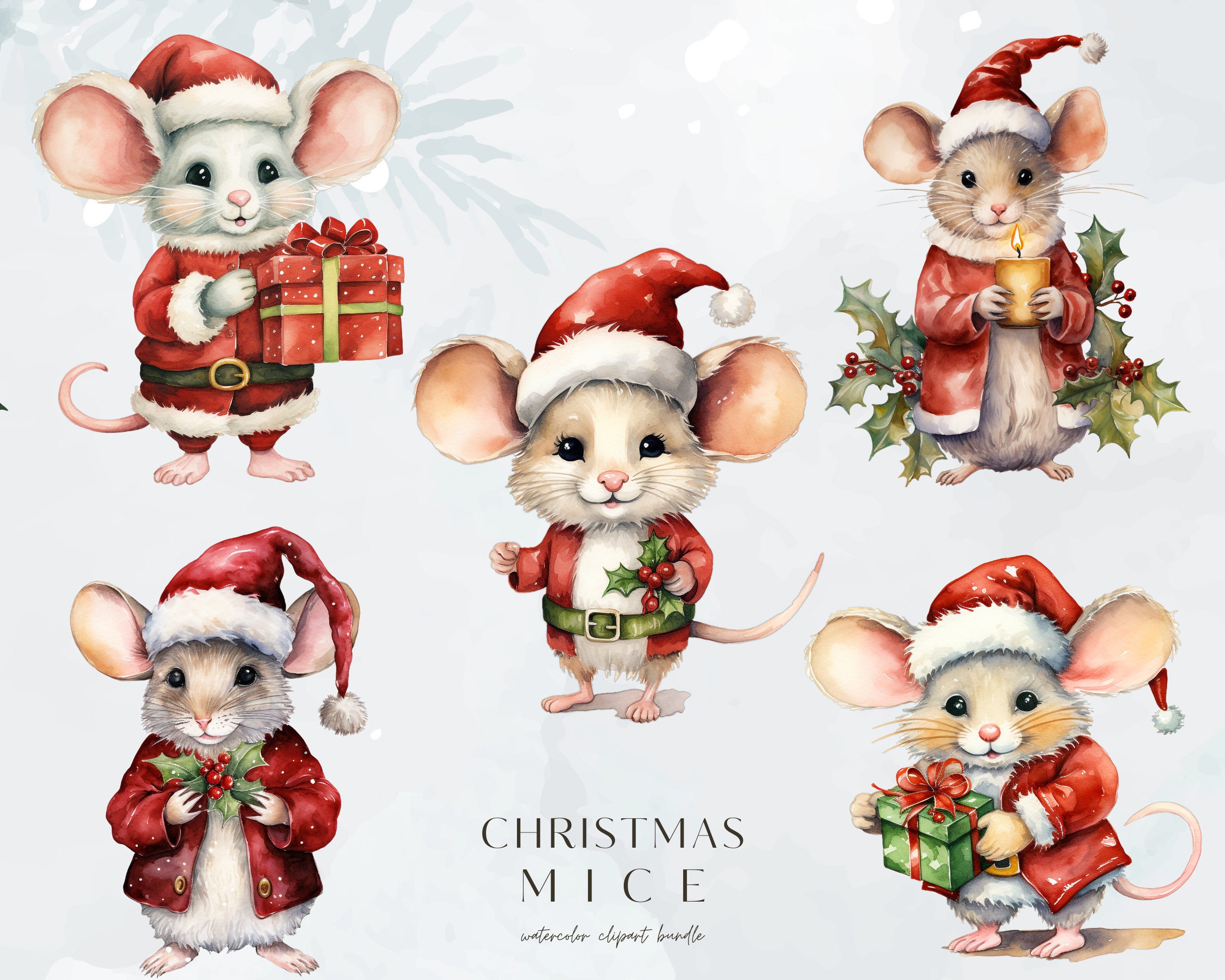 Christmas Mice Clipart Watercolor Christmas Mouse Winter - Etsy