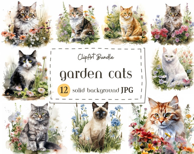 Watercolor Cat Digital Paper Art Prints, Cats by the Window Garden ...