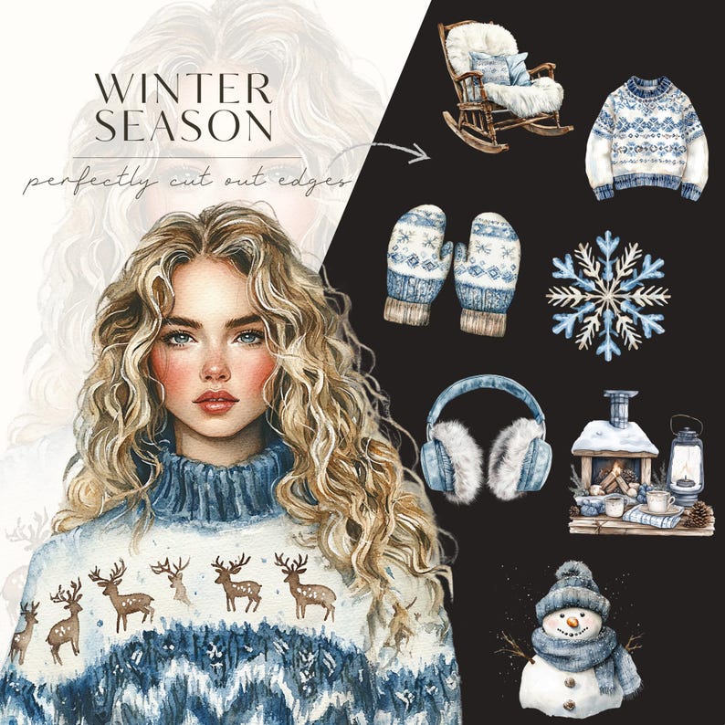 Cozy Winter Clipart, Bluey PNG Bundle, Watercolor Snowflake, Winter ...