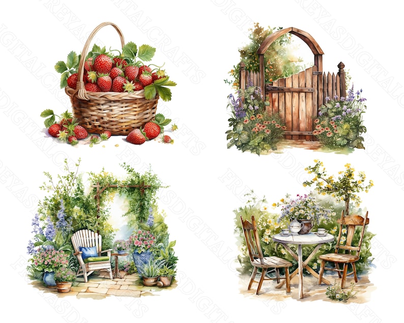 Summer Garden Clipart-watercolor Garden-summer-spring-seasonal Clipart ...