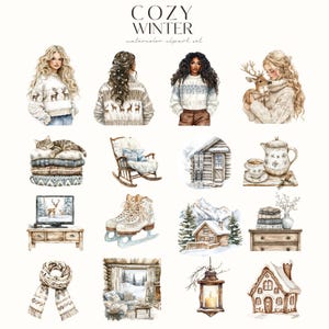 Cozy Winter Clipart, Watercolor Neutral Winter Bundle, Winter Cabin ...