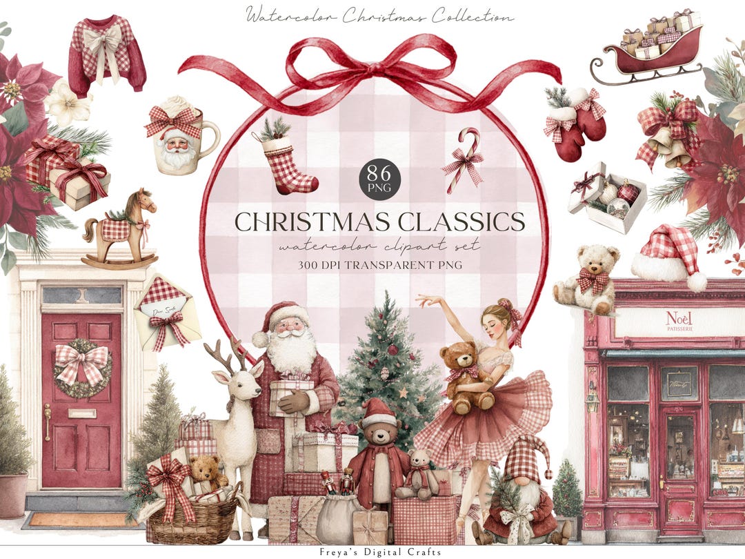 Watercolor Classic Christmas Clipart, Cozy Christmas Graphics, Santa ...