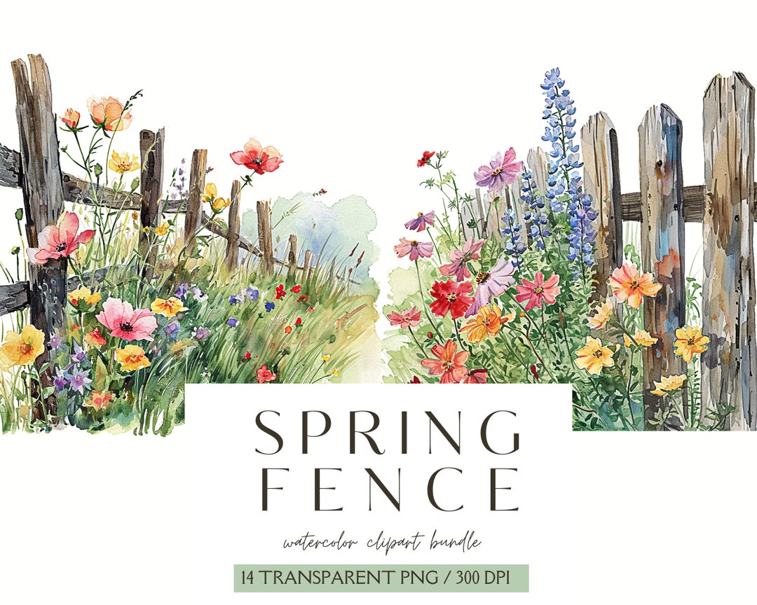 Spring Fence Clipart Bundle, Watercolor Spring, PNG Design Spring ...