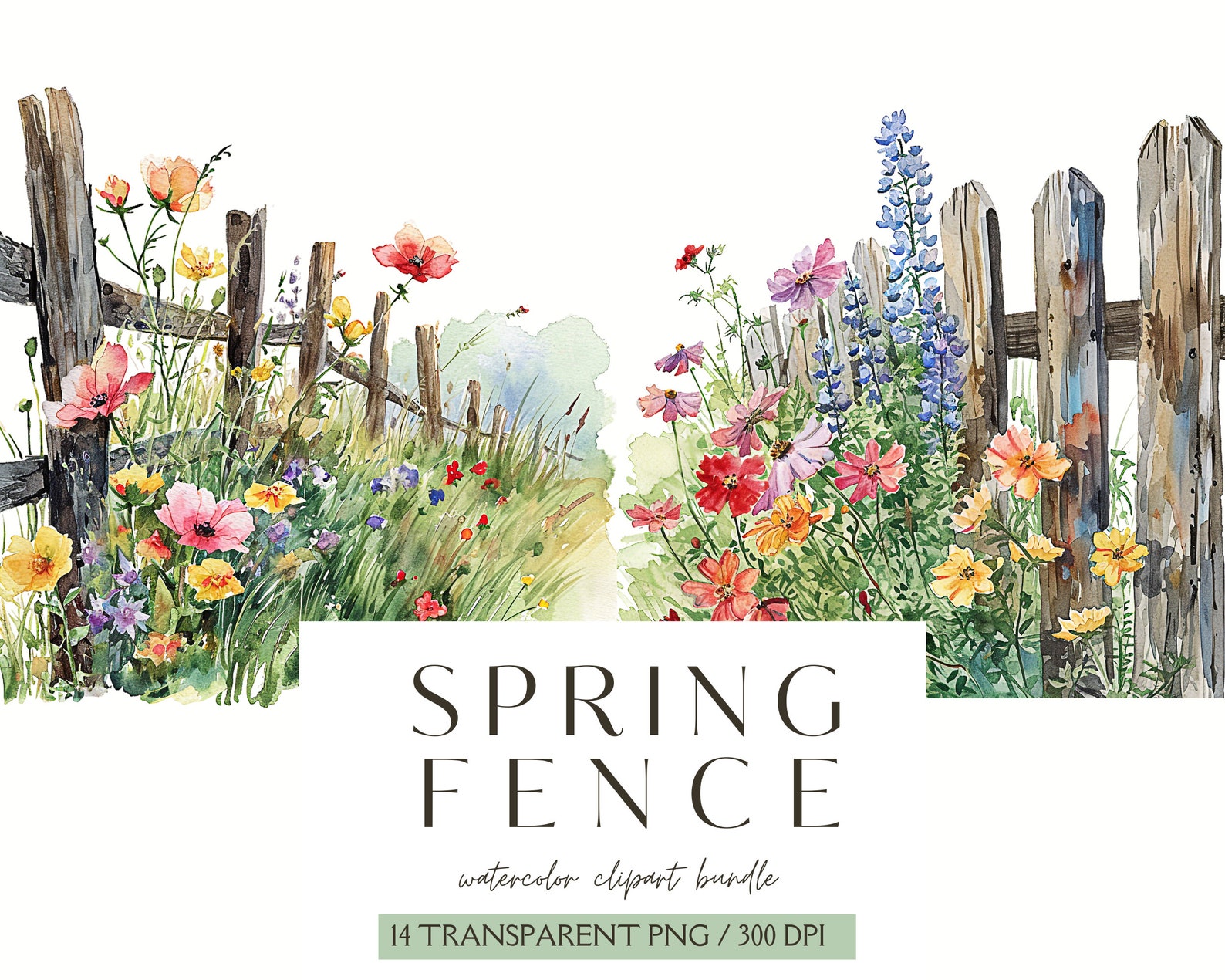 Spring Fence Clipart Bundle, Watercolor Spring, PNG Design Spring ...