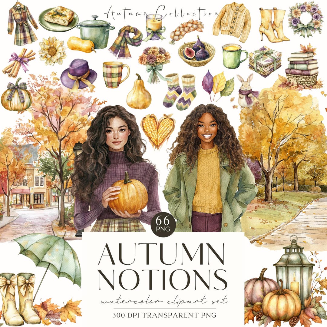 Watercolor Cozy Autumn Clipart, Artful Autumn PNG, Autumnal Vibes ...